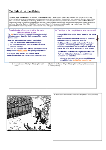 NEW AQA GCSE Summary Sheet - Night of the Long Knives | Teaching Resources