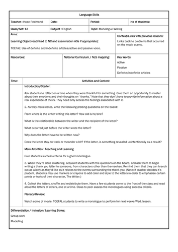 Monologue Writing Lesson Plan | Teaching Resources
