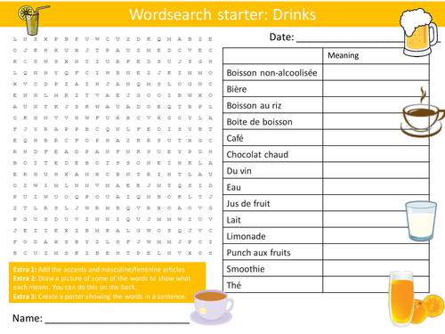 French Drinks Wordsearch Crossword Anagrams Keyword Starters Homework ...