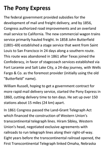 The Pony Express Handout | Teaching Resources