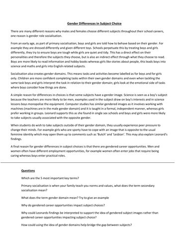 Information and Questions on Gender Differences in Subject Choice ...