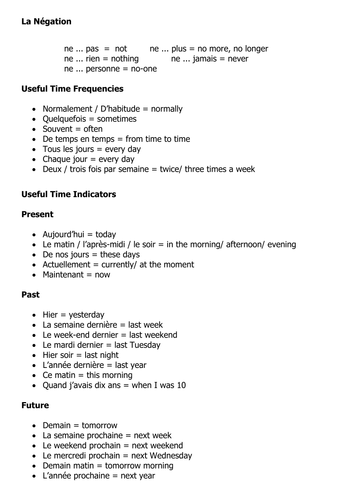 French GCSE / Years 8 + 9 - Past, Present + Future Tenses - Range of ...