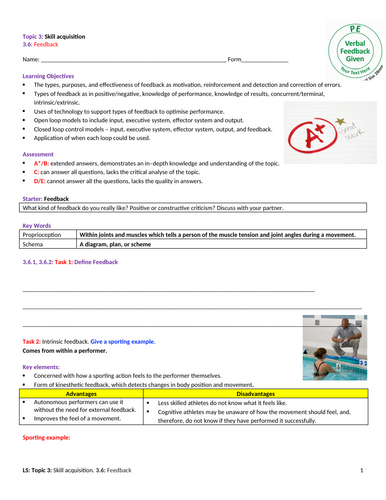 A-Level PE EDEXCEL (spec 2016) 3.6 Feedback | Teaching Resources