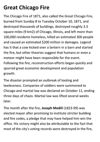 Great Chicago Fire Handout | Teaching Resources