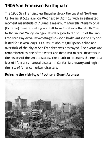 1906 San Francisco Earthquake Handout | Teaching Resources