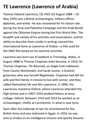 TE Lawrence (Lawrence of Arabia) Handout | Teaching Resources