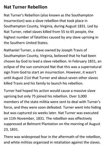 Nat Turner Rebellion Handout | Teaching Resources