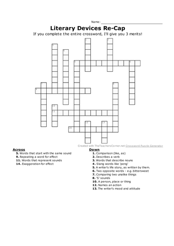 Literary Devices Crossword | Teaching Resources Literary Devices Crossword | Teaching Resources