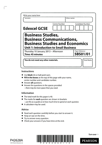 Edexcel GCSE Business Studies Unit 1: Introduction to Small Business ... Edexcel GCSE Business Studies Unit 1: Introduction to Small Business ...