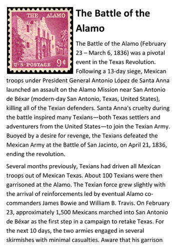 The Battle of the Alamo Handout | Teaching Resources