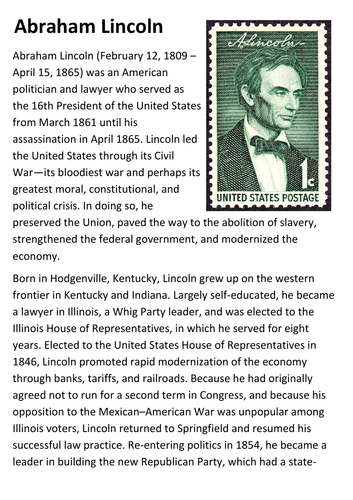 Abraham Lincoln Handout | Teaching Resources