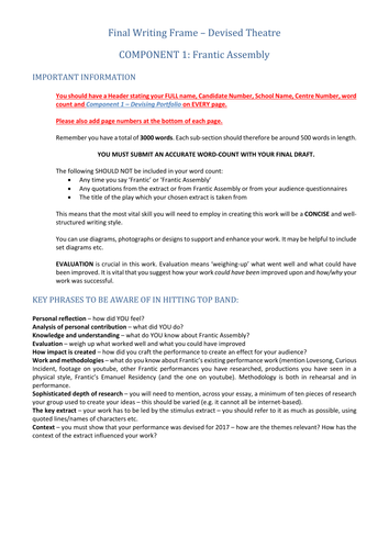 KS5 Drama: Edexcel A Level: Component 1: Devised Portfolio Writing ...