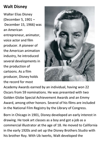 Walt Disney Handout | Teaching Resources