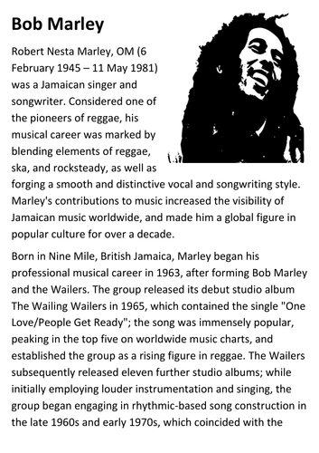 Bob Marley Handout | Teaching Resources
