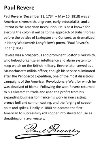Paul Revere Handout | Teaching Resources