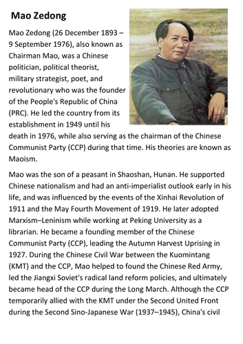 Mao Zedong Handout | Teaching Resources