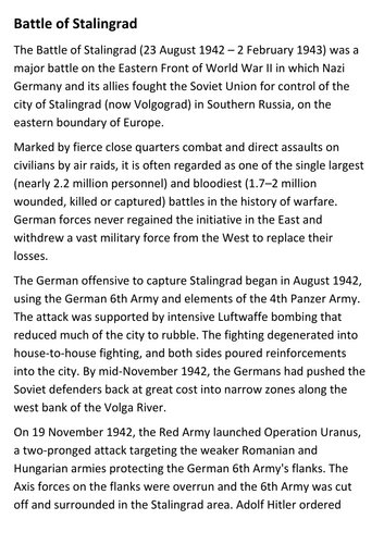 Battle of Stalingrad Handout | Teaching Resources
