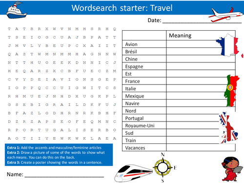 French Travel Wordsearch Crossword Anagrams Keyword Starters Homework ...