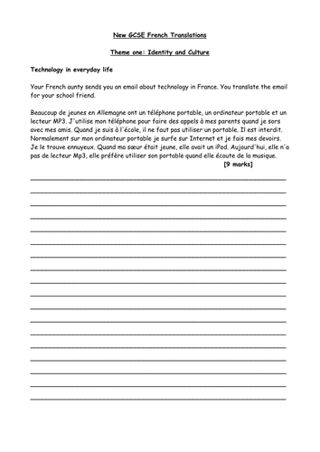New GCSE French Translations. Theme one: Identity and Culture ...