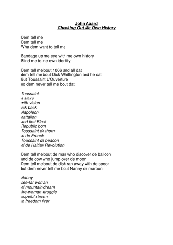 John Agard's 'Checking Out Me History' | Teaching Resources John Agard's 'Checking Out Me History' | Teaching Resources