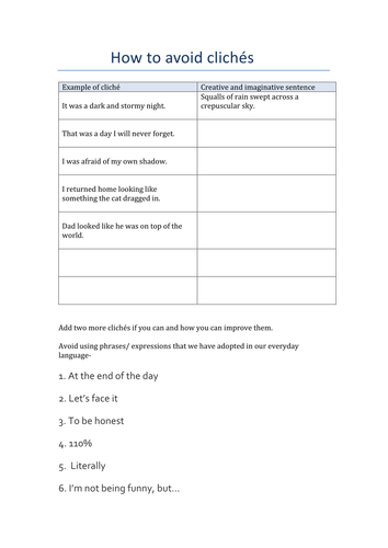 How to avoid clichés: Worksheet for English Language writing creatively ...