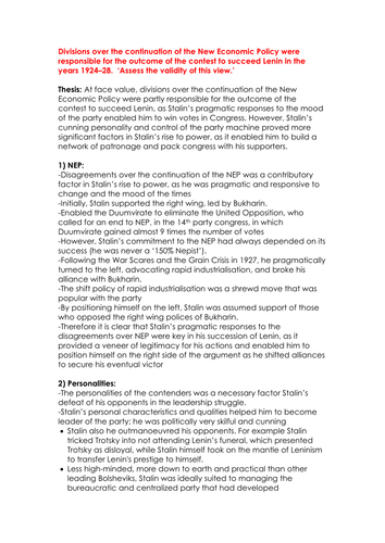 A level History, Russia: essay plan on how divisions over the NEP ...