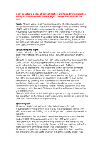 A level History, Russia: essay plan on Stalin's motives for ...
