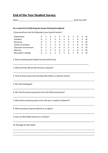 Students Voice Spanish Lesson GCSE End of the Year Survey | Teaching ...