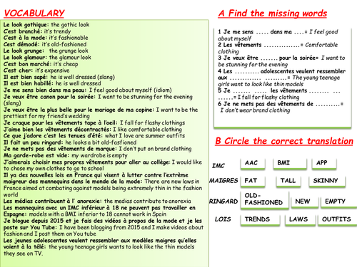 USEFUL VOCABULARY ABOUT FASHION/CLOTHING IN FRENCH | Teaching Resources