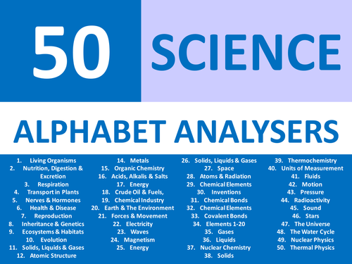 50 x Starter Alphabet Analysers Science Chemistry Physics Biology KS3 ...