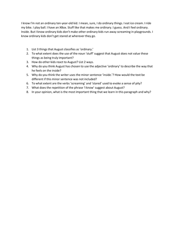 Wonder by RJ Palacio - Key Questions and Extracts | Teaching Resources