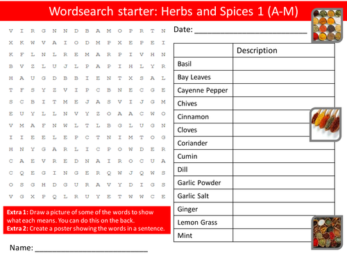 Food Technology Herbs and Spices 1&2 Keywords KS3 GCSE Starter ...