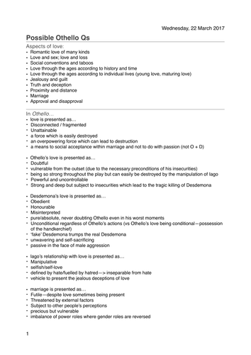 English AS/A Level: possible/potential Othello exam questions ... English AS/A Level: possible/potential Othello exam questions ...