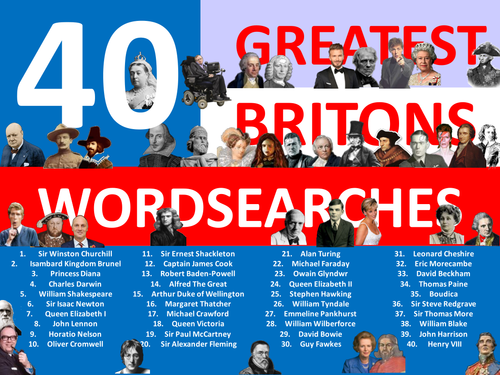 40 Greatest Britons Wordsearches Keyword Wordsearch Homework Cover ...