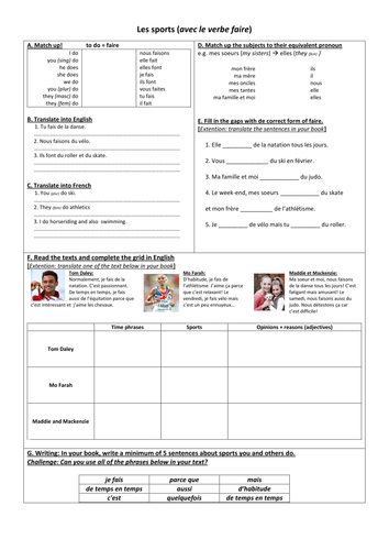 Sports with the verb faire worksheet(gap fill, reading, ...) | Teaching ...