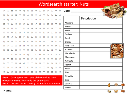 Food Technology Nuts Keywords KS3 GCSE Starter Activities Wordsearch ...
