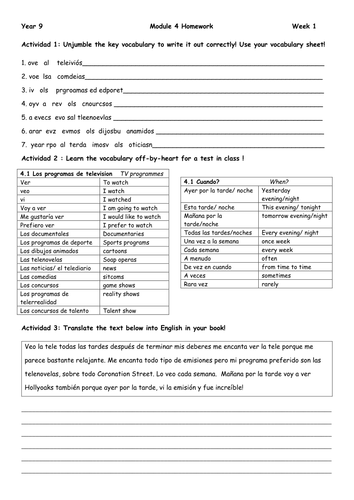 Y9/10 SPANISH MEDIA: 6 PIECES OF HOMEWORK/WORKSHEETS | Teaching Resources