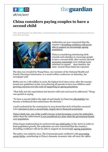 Worksheet and Newspaper Article. China, One Child Policy, Population ...