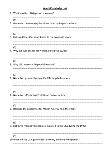 America 1920s knowledge test | Teaching Resources