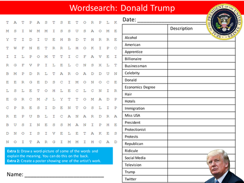 US President Donald Trump Wordsearch & Factsheet Handout The USA United ...
