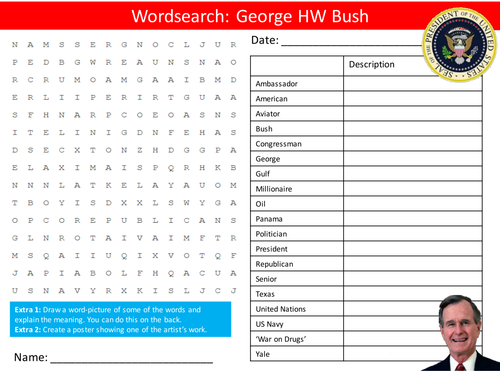 US President George HW Bush Wordsearch & Factsheet Handout The USA ...