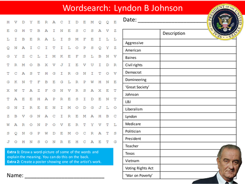 US President Lyndon B Johnson Wordsearch & Factsheet Handout The USA ...