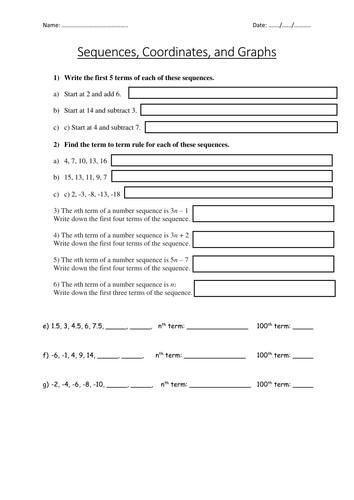 Sequences, Coordinates and Graphs Lesson + Worksheets | Teaching Resources