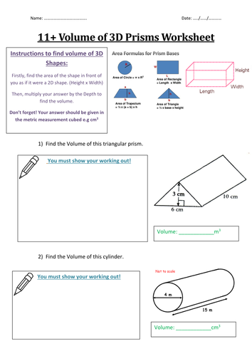 Volume of 3D Prisms Worksheet | Teaching Resources