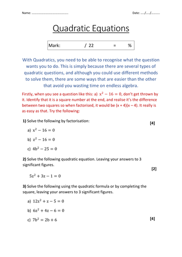 Quadratics Worksheet | Teaching Resources