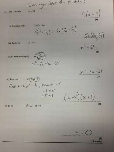 Spot the Mistakes Factorising with Quadratics | Teaching Resources