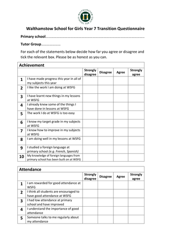 Year 7 Survey - Transition Questionnaire and Evaluation | Teaching ...