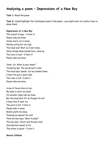 Analysis of Poetry: Impressions of a New Boy by osmium67 - Teaching ...