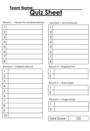 Maths Quiz - All Ability, Fun, End of Term, One Off Fun Lessons ...