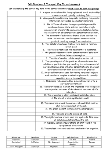 New AQA 9-1 Triology Chapter B1 Cell Structure & Transport Key Terms ...